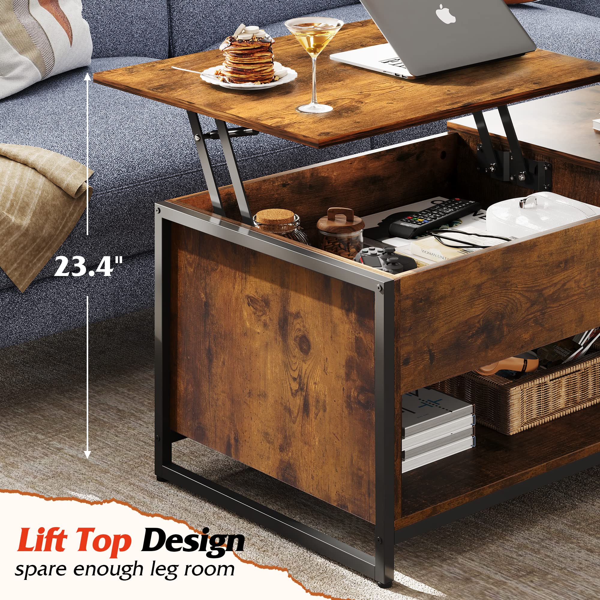 WLIVE Lift Top Coffee Table with Storage Cabinet, 41.7" Wood Coffee Table for Living Room, Retro Center Table with Lifting Top, Hidden Compartment and Open Shelf for Home, Office, Rustic Brown