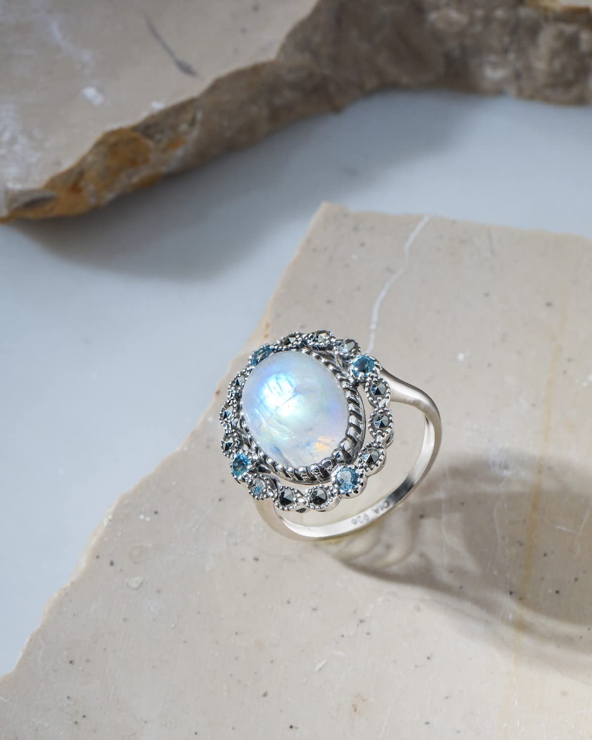 YoTreasure Moonstone Swiss Blue Topaz Marcasite 925 Sterling Silver Bold Ring Jewelry