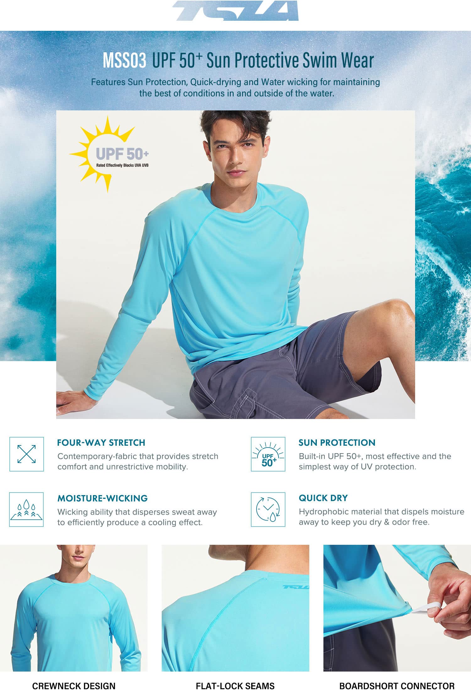 TSLA Men's Rashguard Swim Shirts, UPF 50+ Loose-Fit Long Sleeve Shirts, Cool Running Workout SPF/UV Sun Shirts, Sun Block Sky Blue, Large