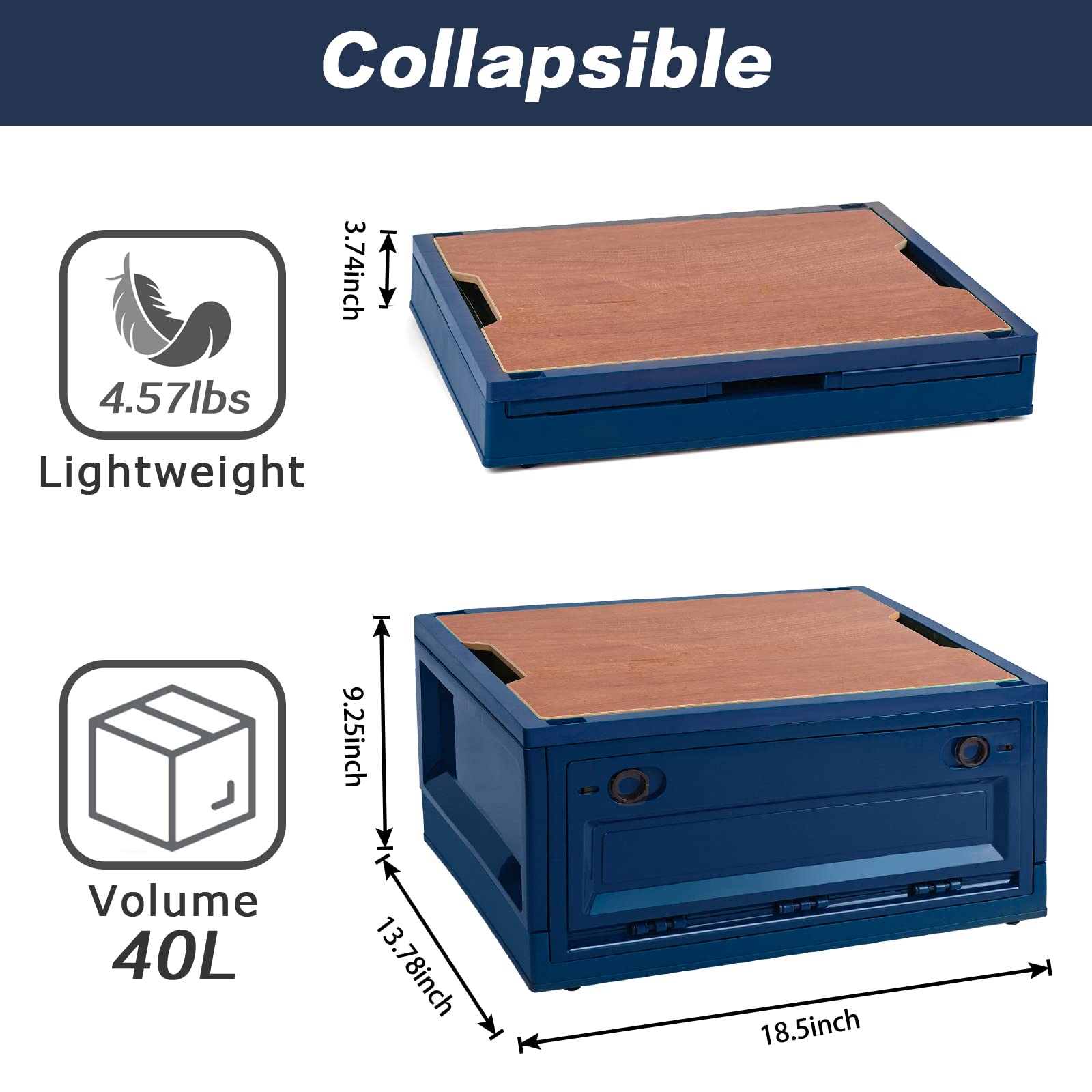 VOOVY Outdoor Camping Storage Case with Wooden Lid, Heavy Duty Folding Storage Box Large Foldable Plastic Storage Bins, for Outdoor Camping Picnic Indoor Home Room Closet(Navy Blue)