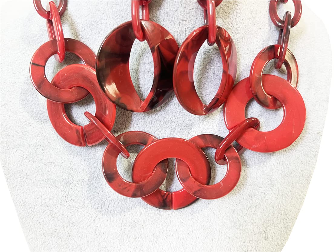 Ufraky Women Simple Acrylic Collar Choker Cluster Bib Statement Chain Necklace and Hoop Earring Jewelry Set, 18" (Red)