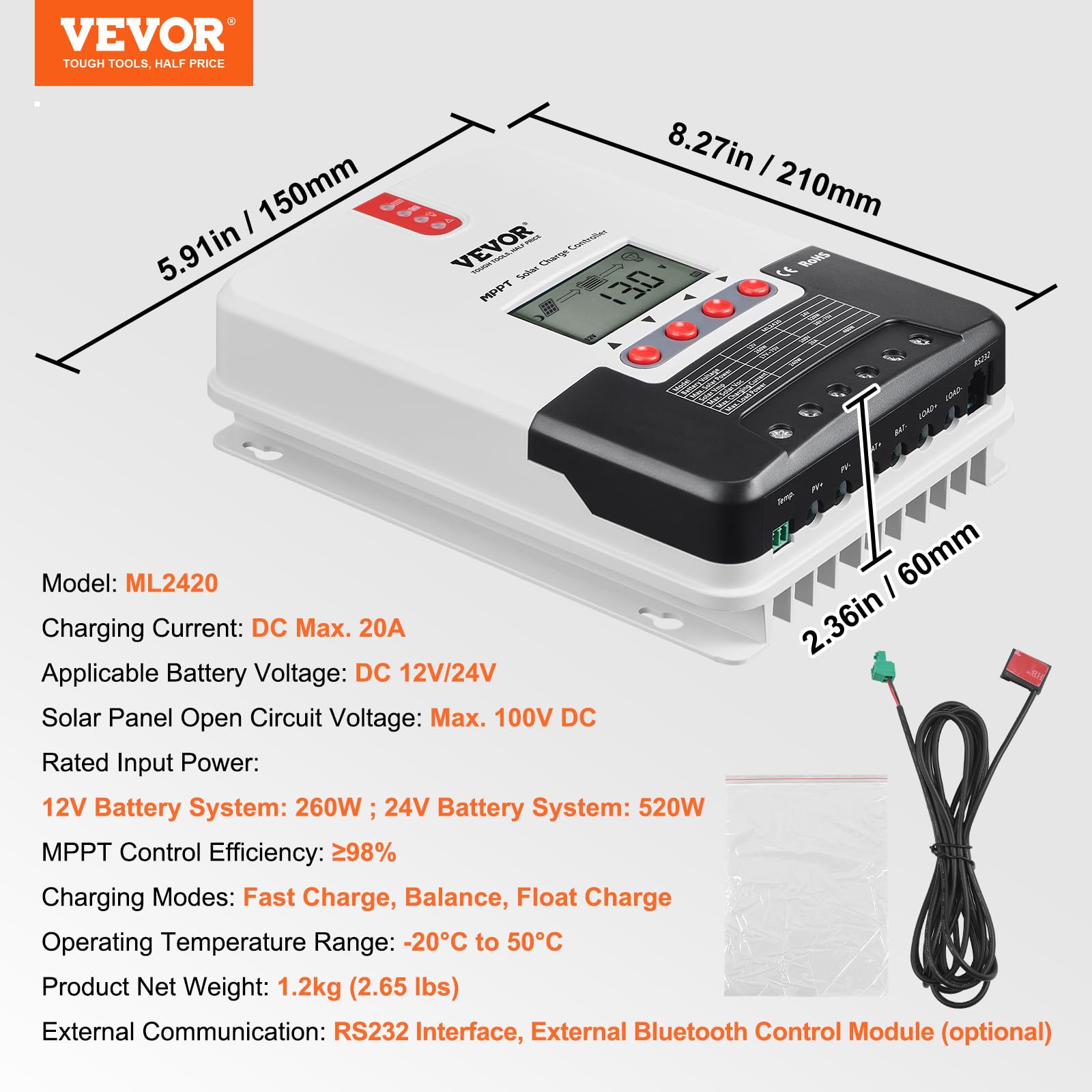 VEVOR MPPT Charge Controller 50 A Solar Charger Controller 12/24/36/48V Solar Controller Solar Panel Controller with LCD Screen High Efficiency for Gel Sealed Flooded Lithium Battery Charging