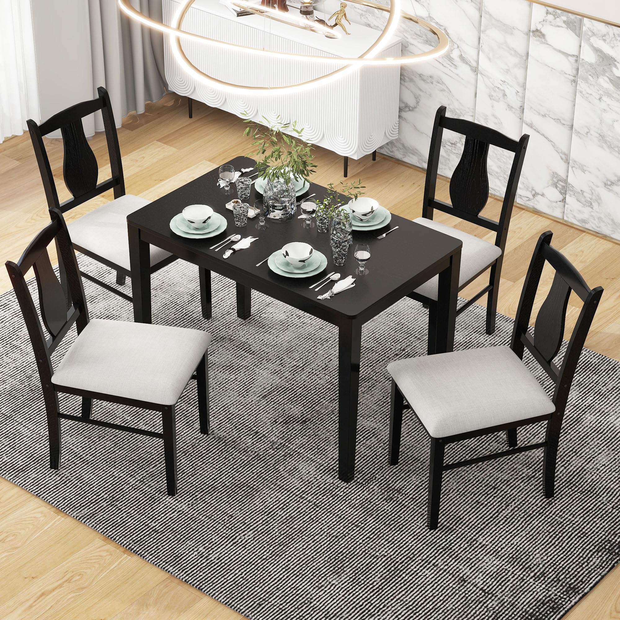 Voohek, Small Dining Room Furniture Set for 4, 5 Piece Kitchen Table and Chairs, Spaces, Apartment, Dinette, Farmhouse, Black