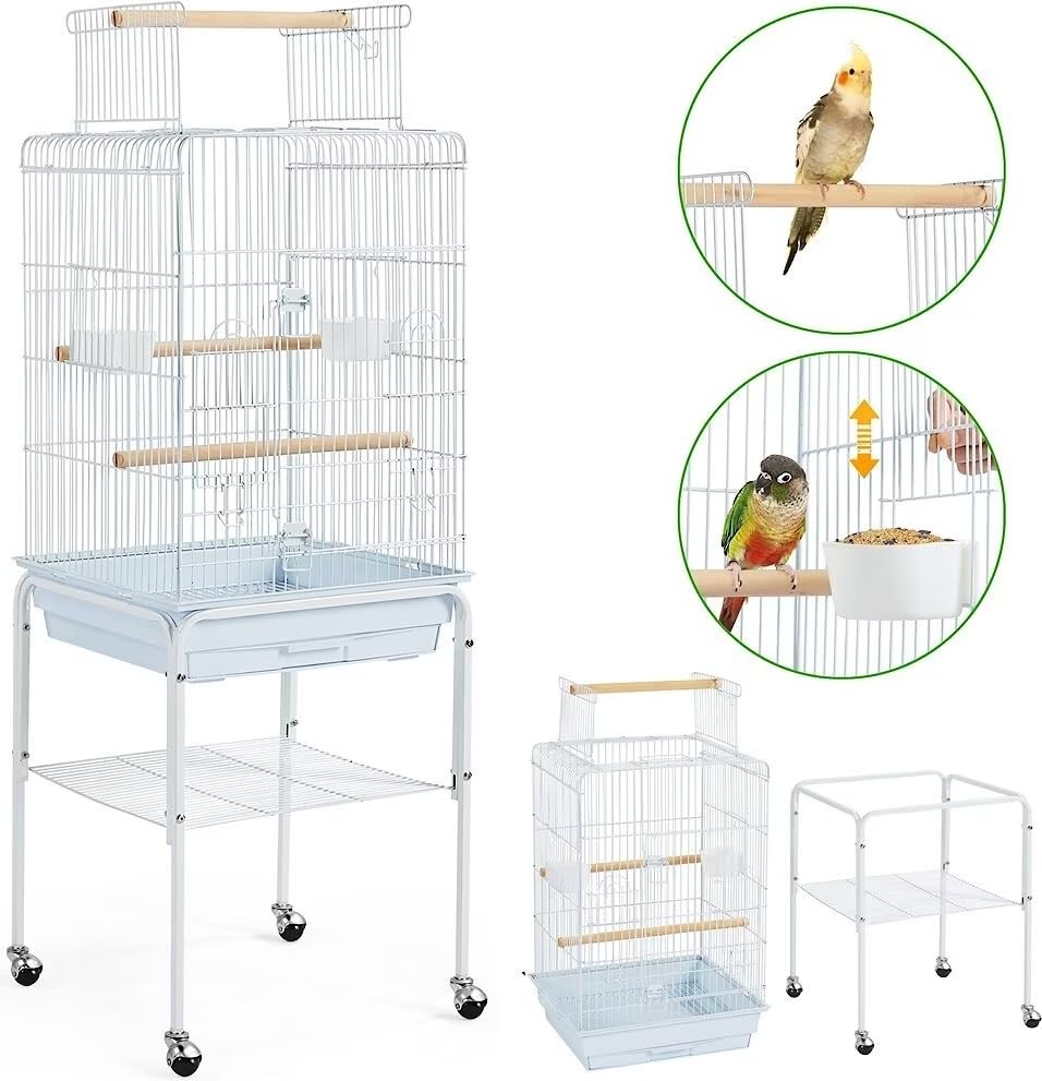 TENAS Deluxe Spacious Bird Cage - Interactive Play Top - Wire Construction - Rust Resistant Paint Coating - Wooden Perch - Convenient Small Feeder Door - Removable Rolling Bracket Metal (White)