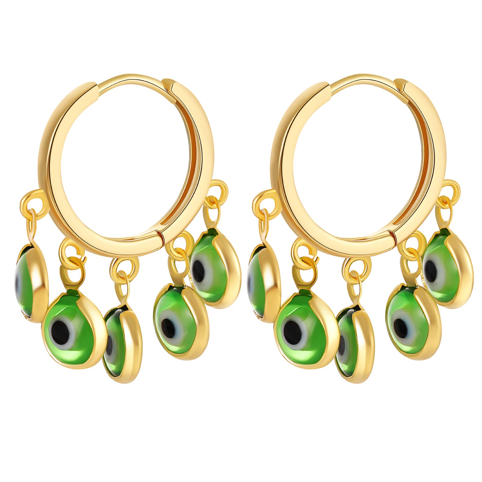 ZJMIHUA Huggie Hoop Earrings, 14K Gold Plated Circle Small Dangle Hoop Earrings Hypoallergenic Dainty 5 Evil Eyes.(Circle green)
