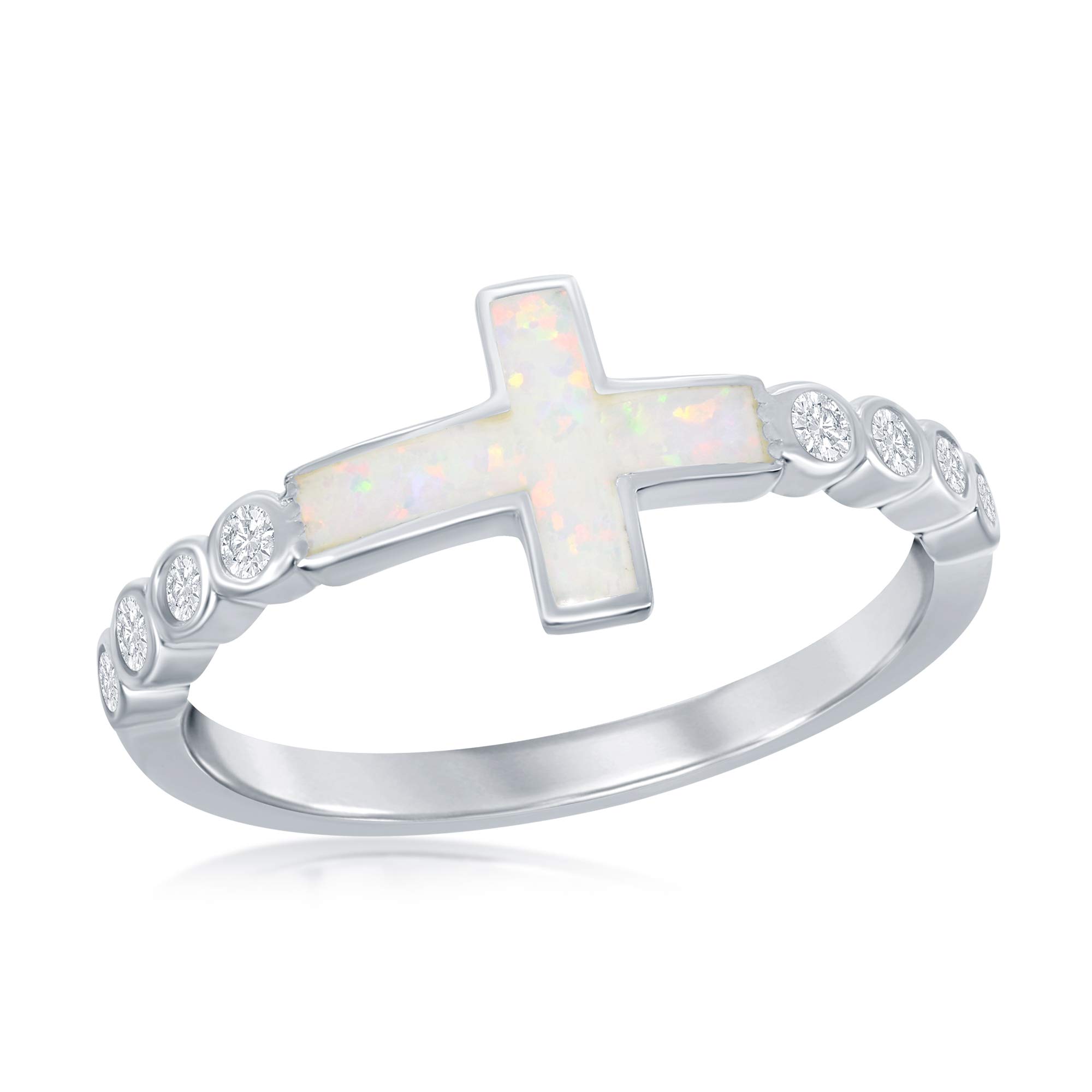 Sterling Silver Created White Opal Cross CZ Band Ring (Size 9)