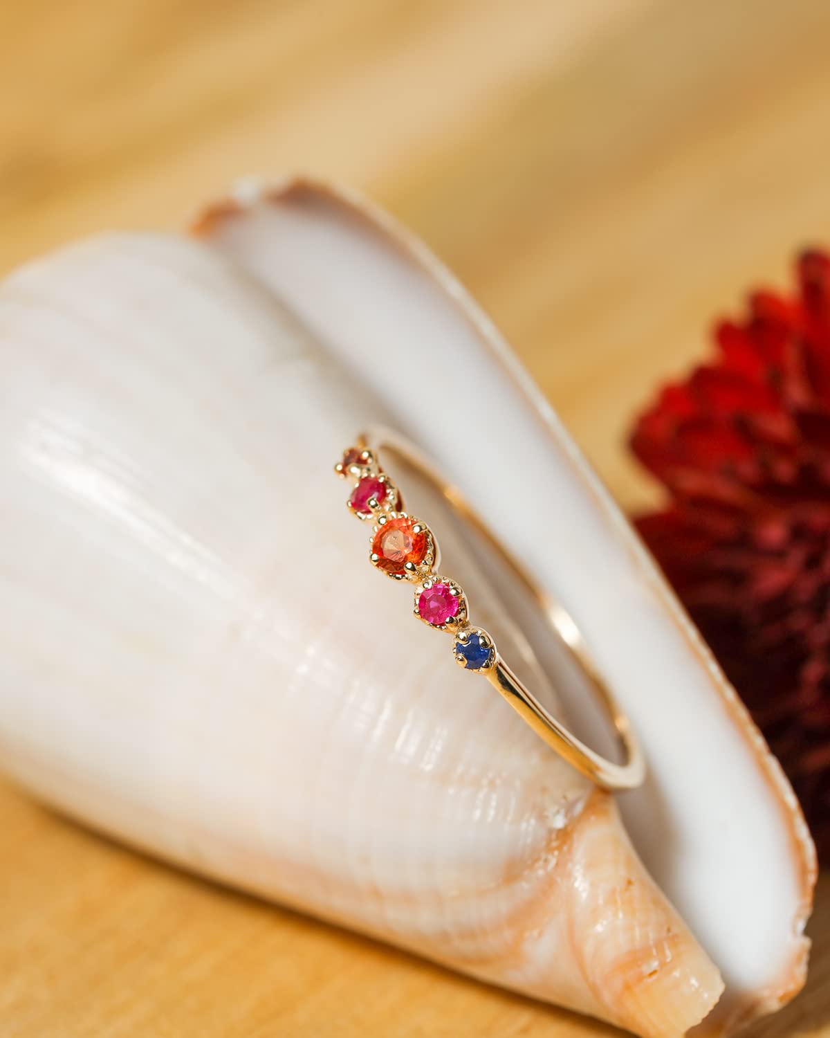 YoTreasure Rhodolite Garnet Solid 14K Yellow Gold 5-Stone Wedding Band Ring Jewelry