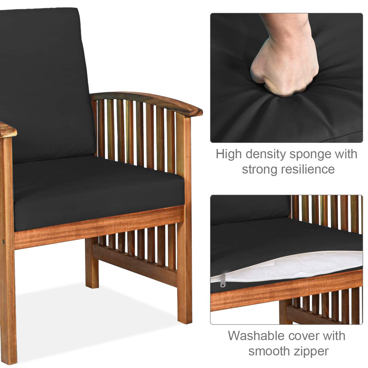 Tangkula Outdoor 4 PCS Acacia Wood Sofa Set w/Water Resistant Cushions, Padded Patio Seating Chat Set w/Coffee Table for Garden, Backyard, Poolside (1, Black)