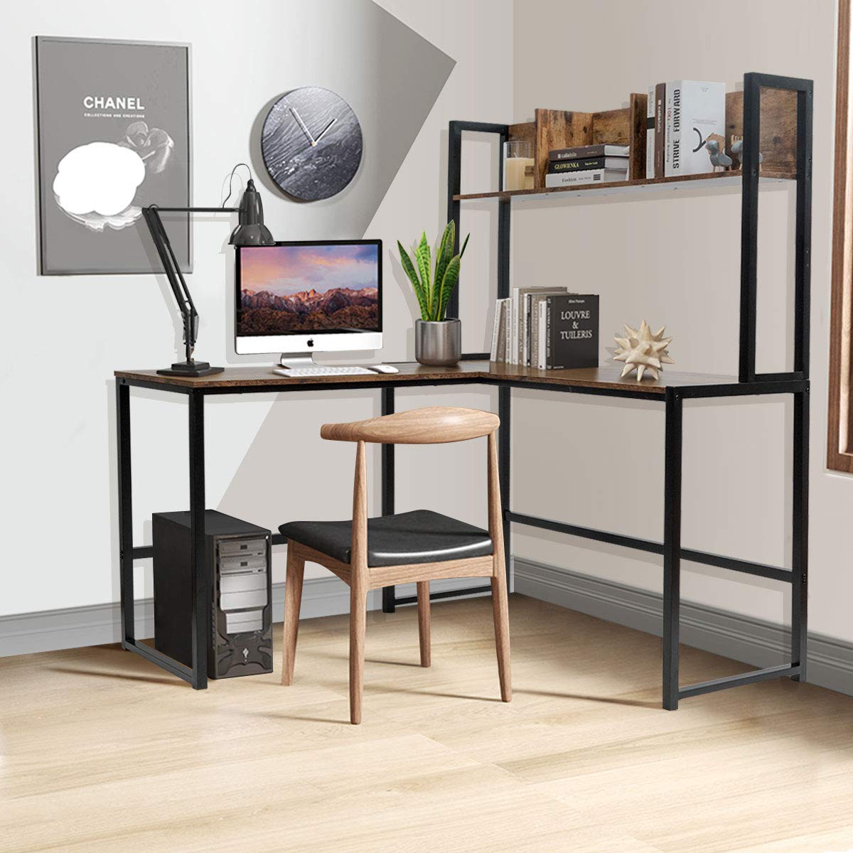 Tangkula Reversible L-Shaped Desk with Hutch, Space Saving Corner Computer Desk with Storage Shelves, Home Office Study Writing Desk Computer Workstation with Storage Bookshelf, Gaming Desk