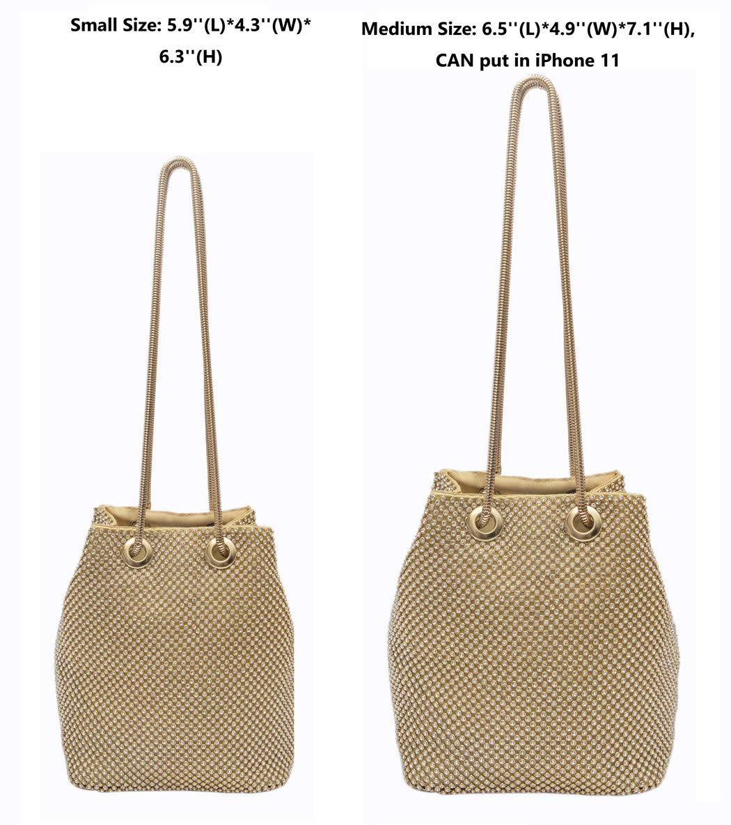 Vgift Evening Purse Women, Rhinestone Bucket Bag Crystal Purse for Wedding Party, Gold