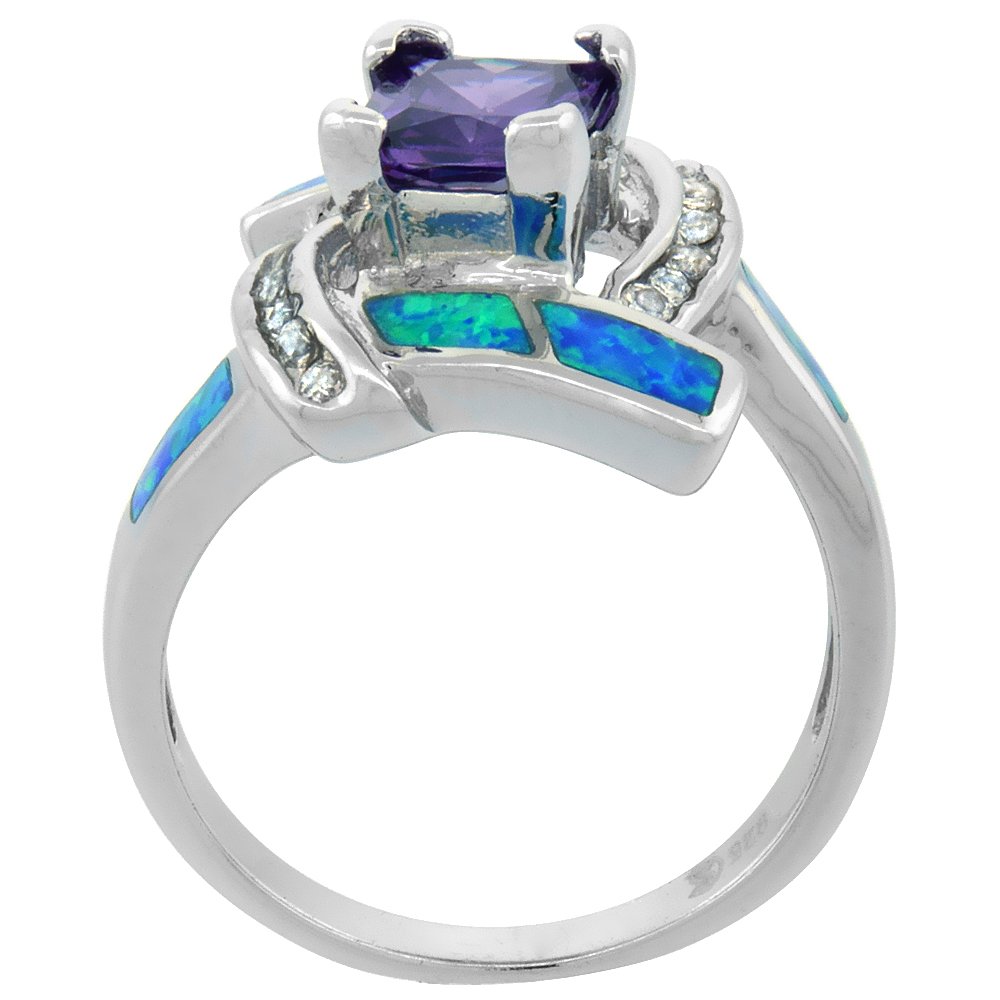 Sterling Silver Blue Synthetic Opal Princess Cut Bypass Ring for Women White & Amethyst CZ 5/8 inch size 7