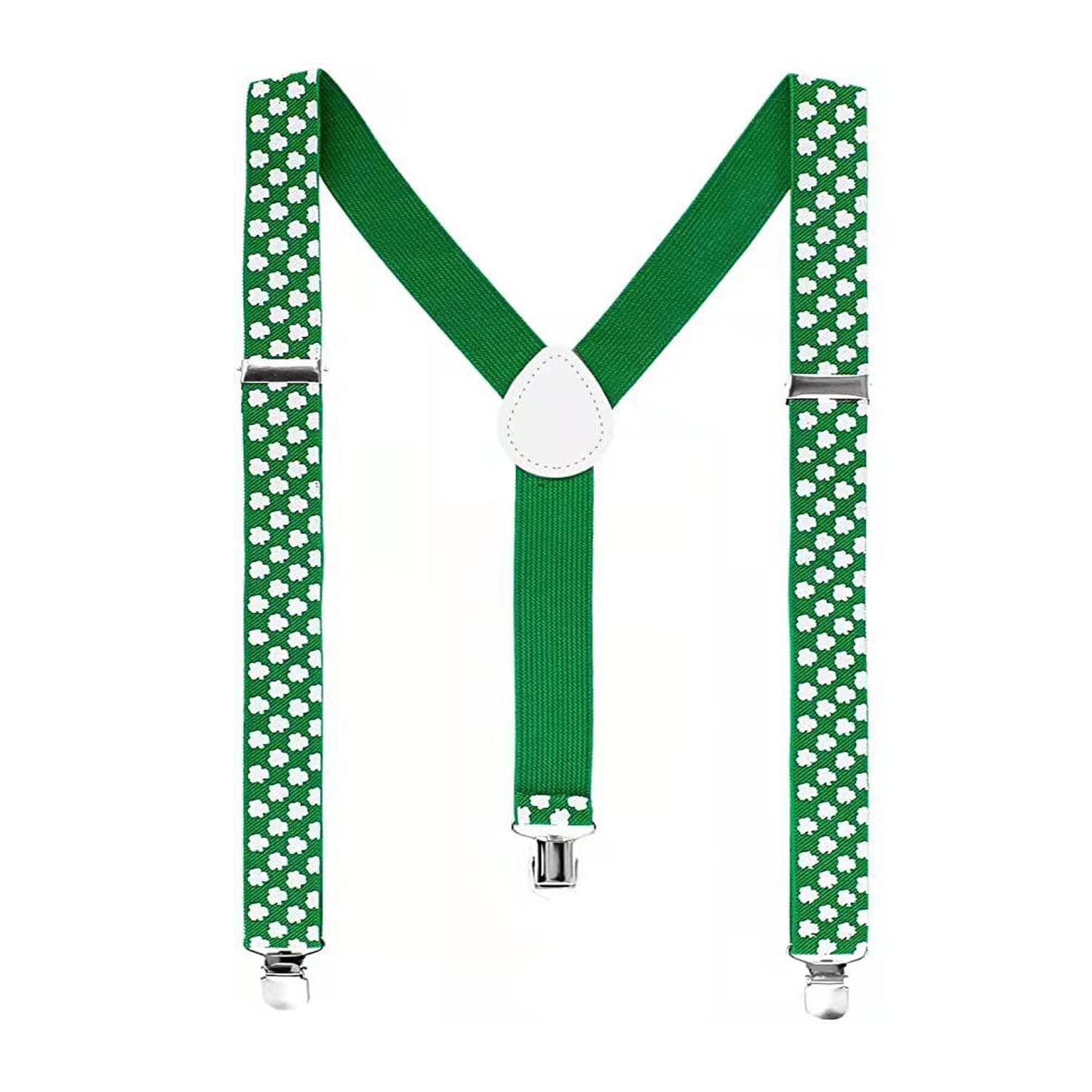 Vnrglix St Patricks Day Suspenders for Men Women Saint Patrick's Day Accessories Irish Suspenders with White Shamrocks Clovers