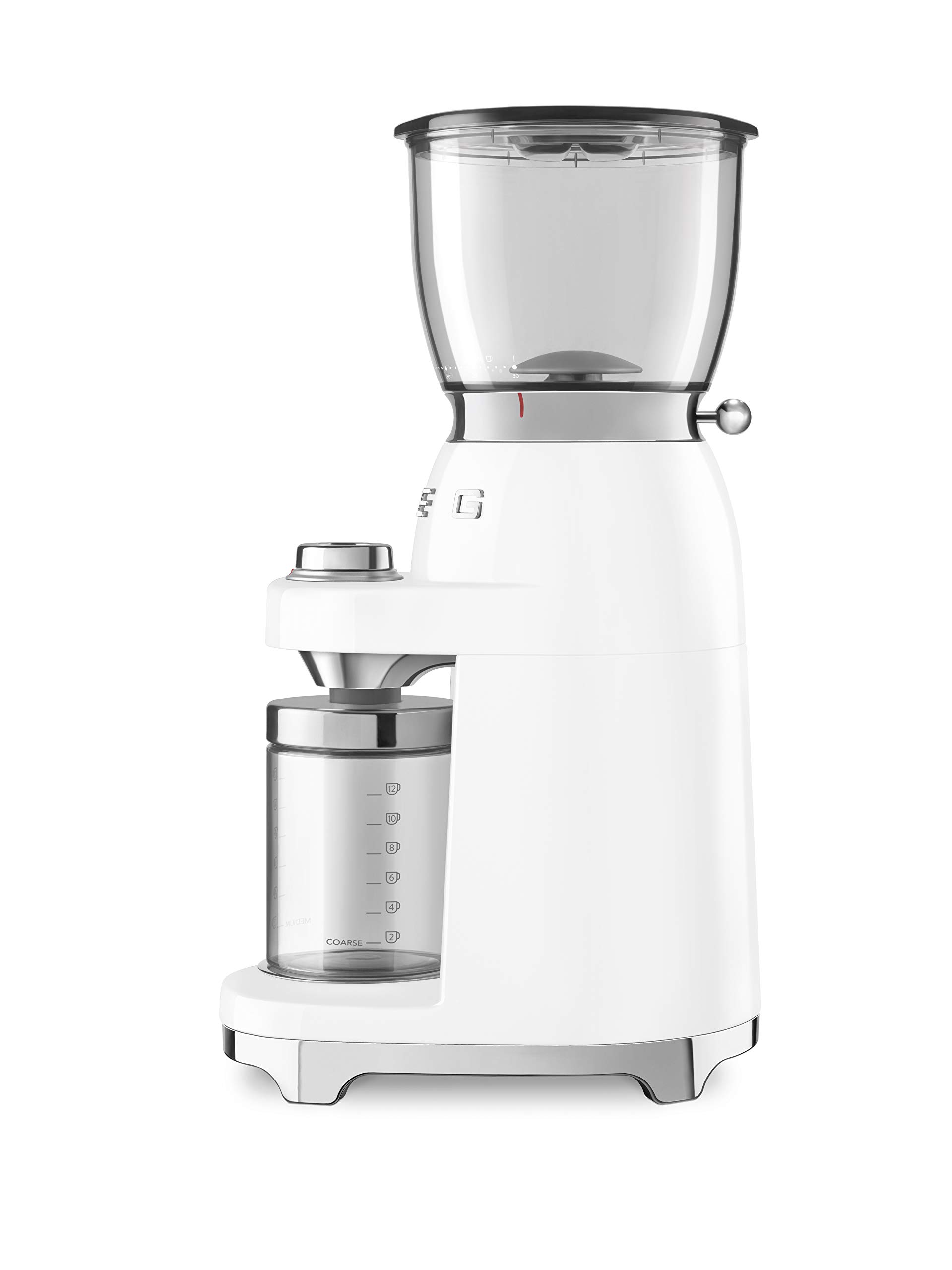 Smeg CGF01WHUK Coffee Grinder, Aluminium Construction, 50's Retro Style, 8 Programme Settings and 3 Grinding Grades, White