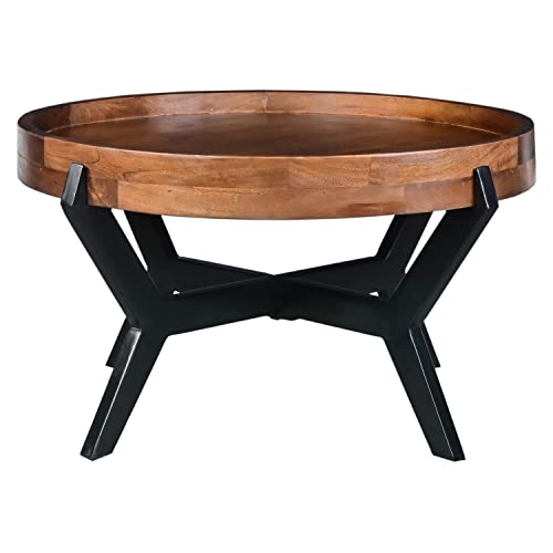 The Urban Port 30-Inch Industrial Round Acacia Wood Tray Coffee Table with Flared Metal Legs