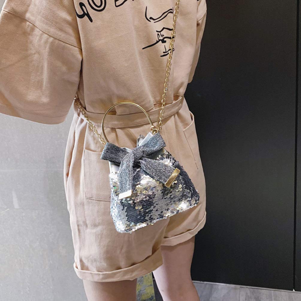 TENDYCOCO Crossbody Bag Top Handle Flip Sequin Clutch Glitter Drawstring Bucket Bag Bow Tie Knot Shiny for Women Ladies