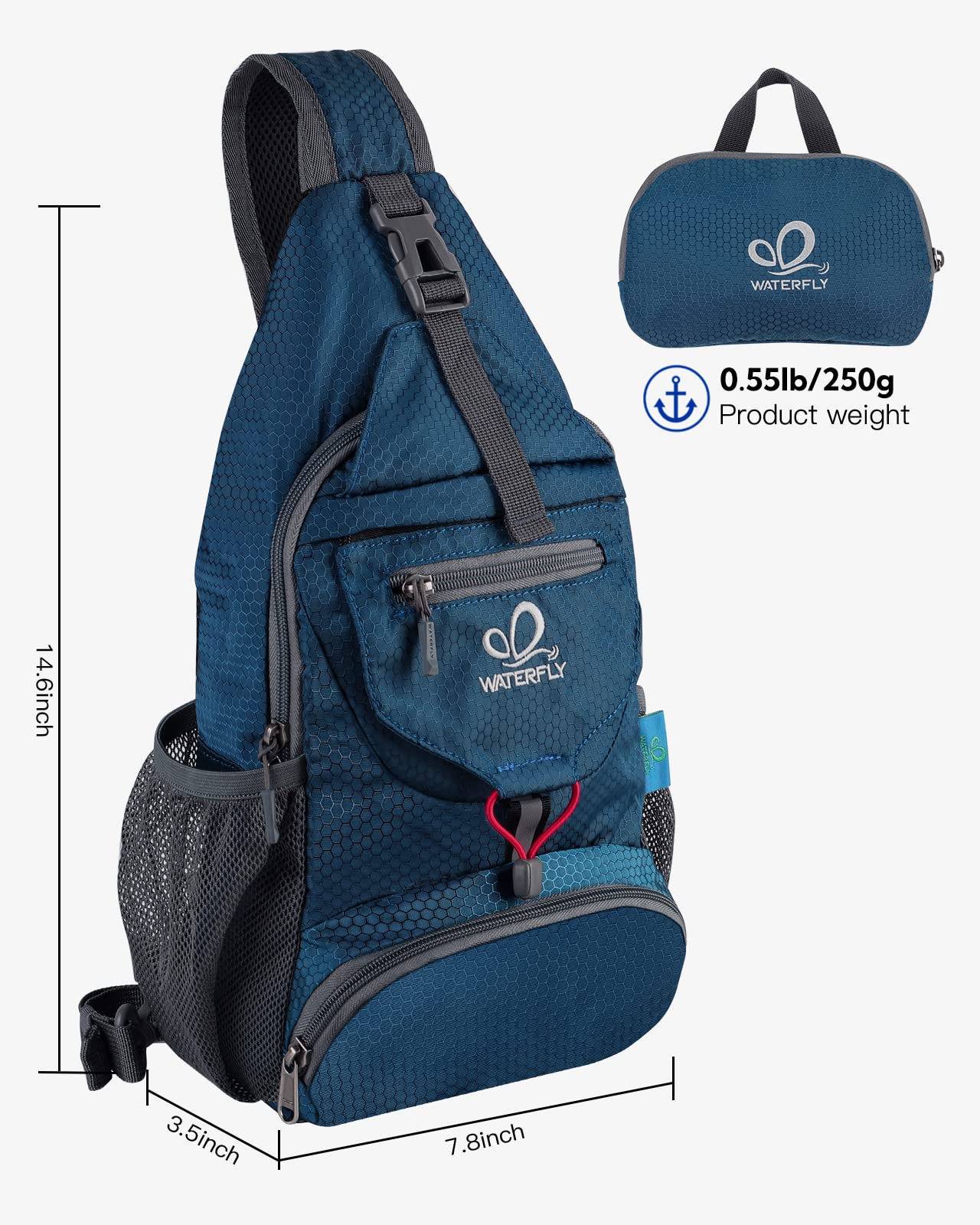 WATERFLY Packable Small Crossbody Sling Backpack Shoulder Chest Bag Daypack for Hiking Traveling Blue