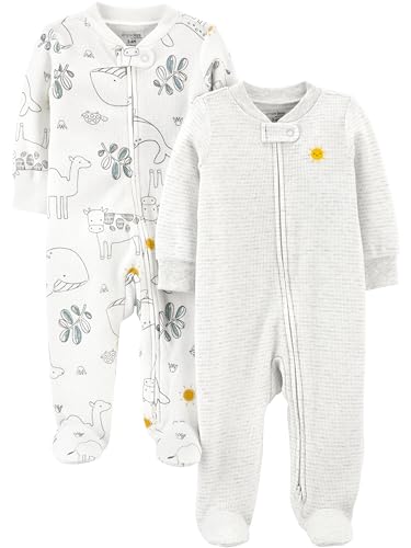Simple Joys by Carter's Baby 2-Way Zip Thermal Footed Sleep and Play, Pack of 2, Animal/Sun, 6-9 Months