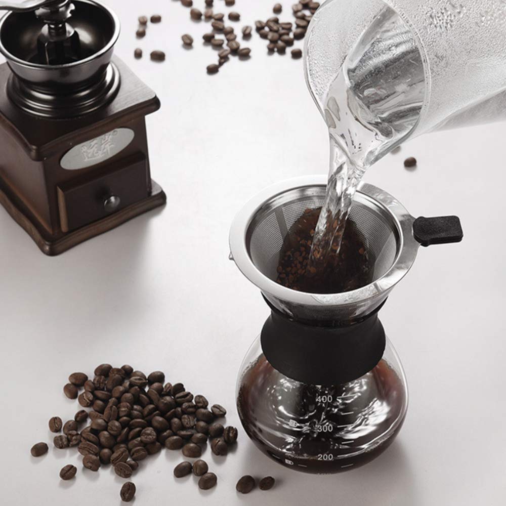 XIYUAN Pour Over Coffee Maker,With Paperless Reusable Stainless Steel Filter 600ML/20.2oz Carafe Borosilicate Glass Coffee Pot Hand Coffee Dripper Brewer Pot Set