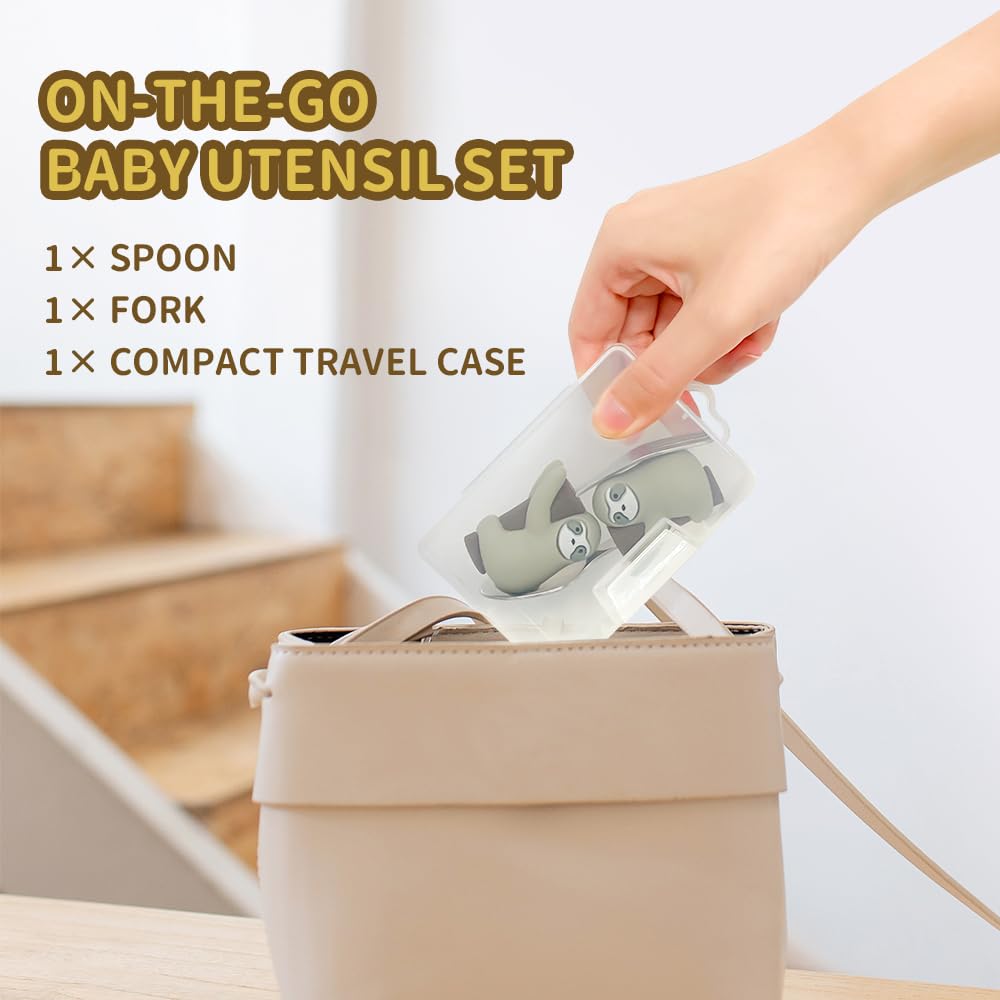 YBW Toddler Spoon and Fork Utensil Set with Case, Easy Grip Cute Sloth Animal Handle, On-The-Go Pack for Baby Toddler Self-Feeding for Home Travel Use, Sloth