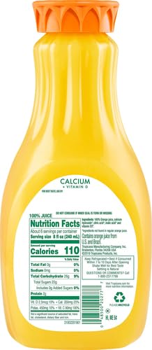 Tropicana Orange Juice, No Pulp, Calcium & Vitamin D, 52 fl oz. bottle