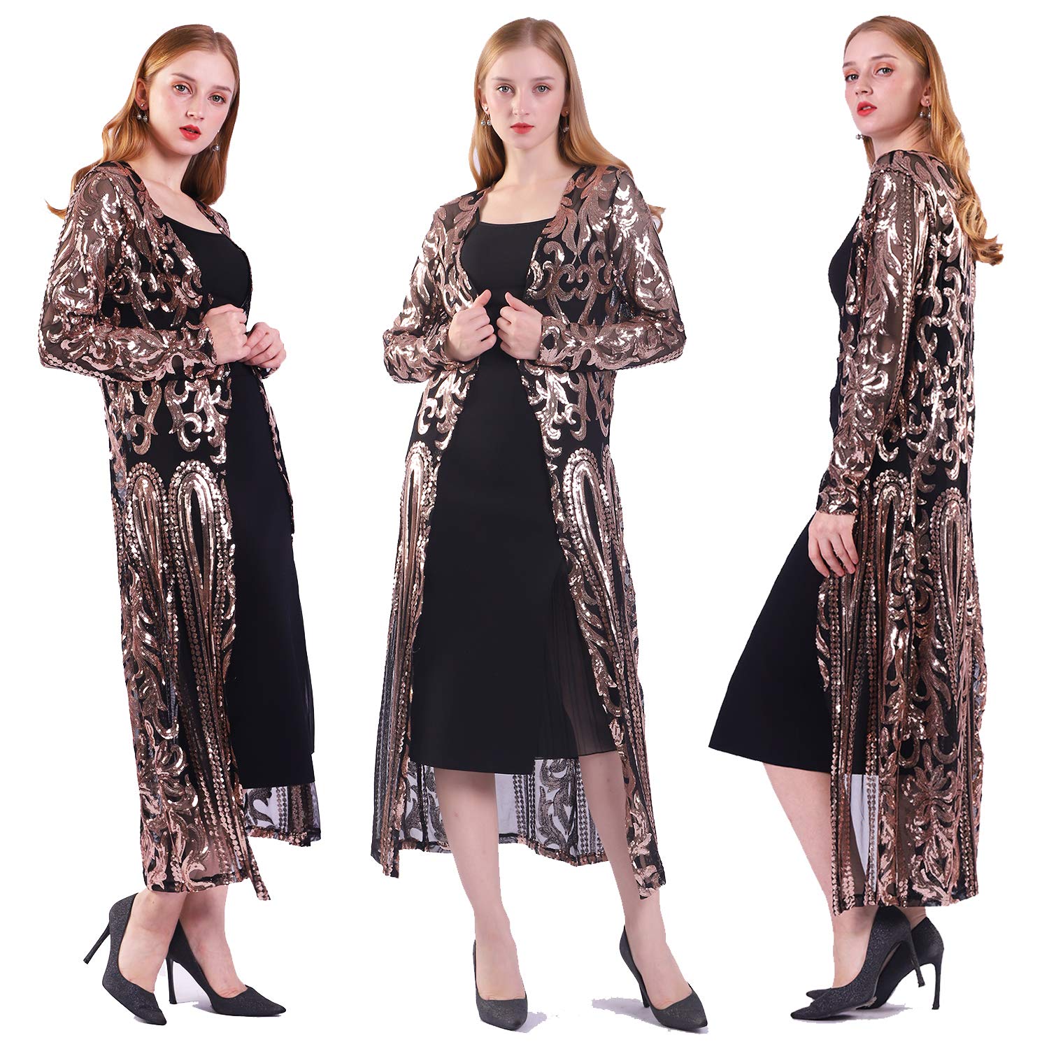Women's Sequin Cardigan Summer Cover Up Dress Glitter Sparkle Open Front Coat Dresses Duster for Evening Prom 3XL Black
