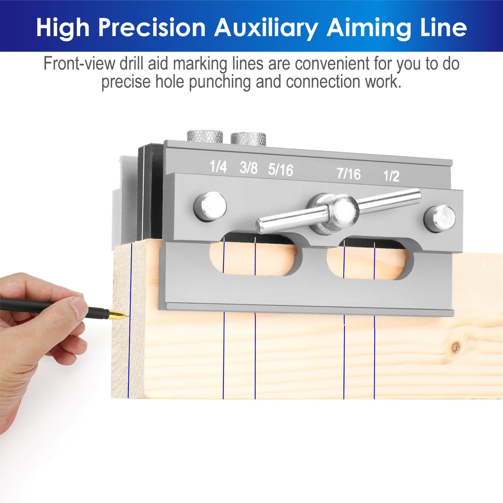 Self Centering Doweling Jig Kit, Drill Jig For Straight Holes, Adjustable Width Drilling Guide Power Tool Accessory Jigs Set with 6 Drill Guide Bushings and 1 Hex Shank, Sliver