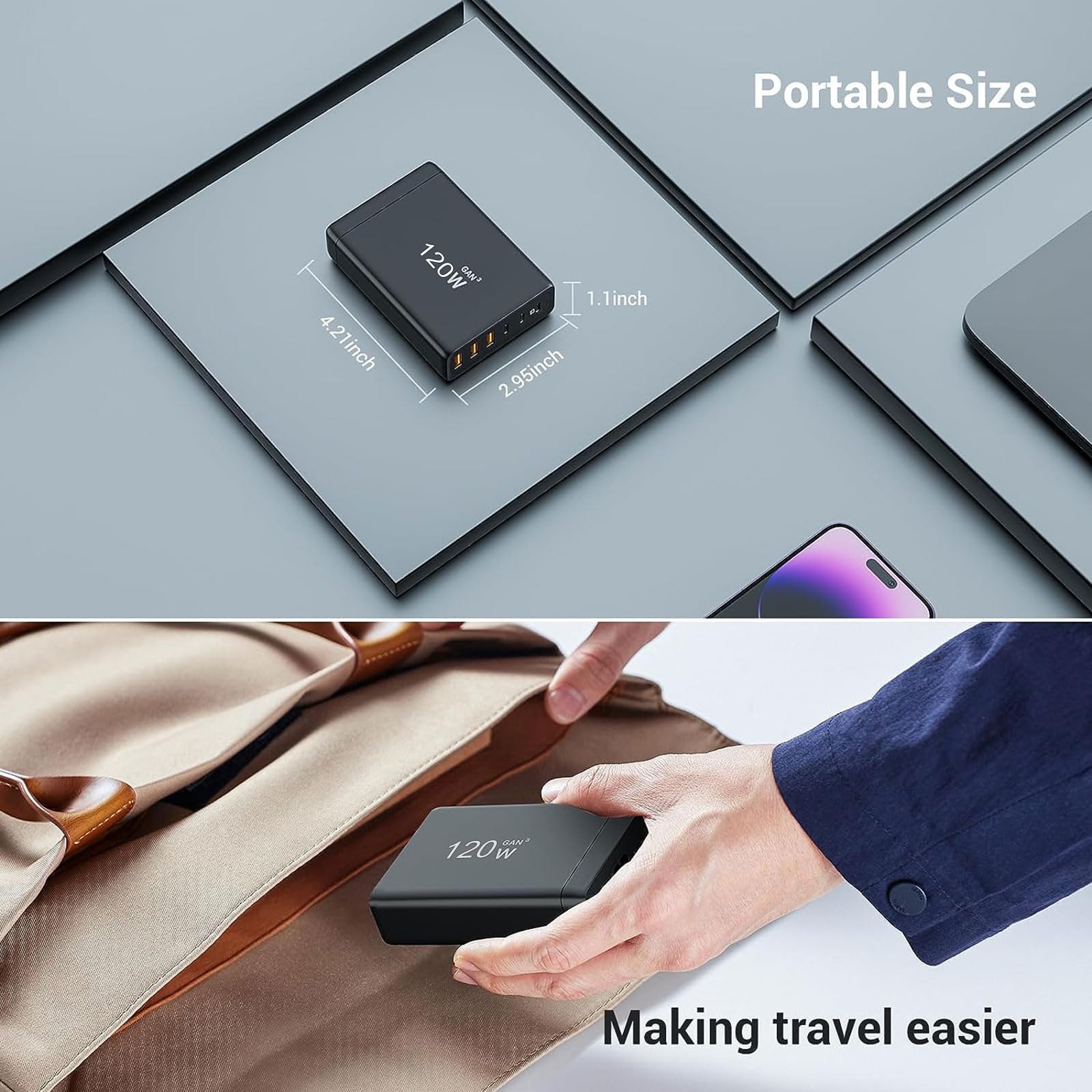 USB C Fast Charger, 120W GaN Compact 6 Port Charging Station, USB C Wall Charger Adapter 3 USB C and 3 QC USB A Travel Charger for All iPad iPhone 14 13 12 11 Pro Max Galaxy
