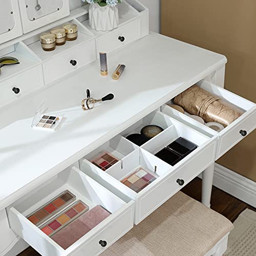 VASAGLE Vanity Set, Tri-Folding Necklace Hooked Mirror, 7 Drawers, 6 Organizers Makeup Dressing Table with Cushioned Stool Easy Assembly, for Women White URDT06M