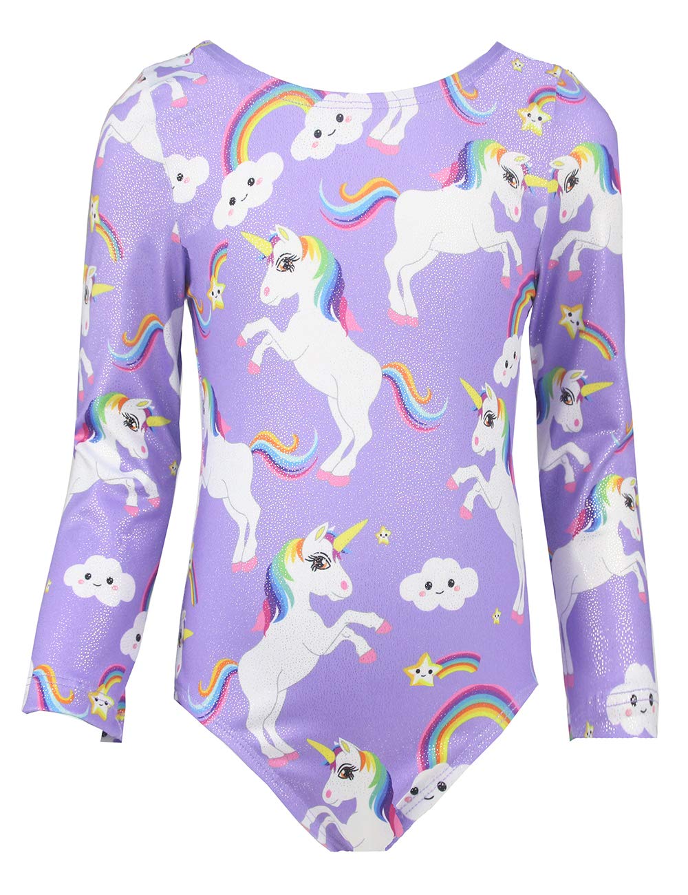 TENVDA Girls Gymnastics Leotards Size 4t 5t Sparkly Purple Unicorn Printed Long Sleeve Tumbling Outfit Winter Bodysuit