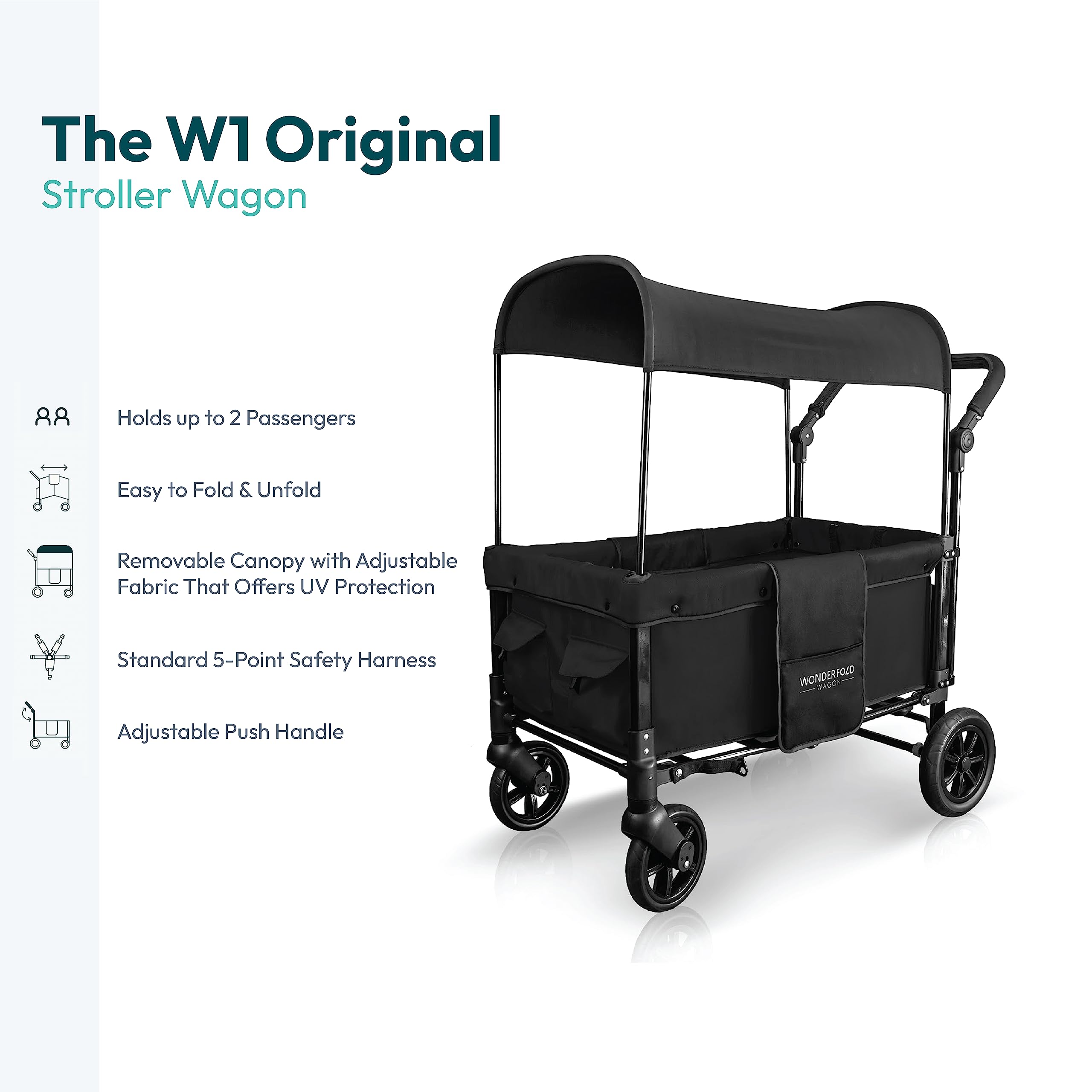 WONDERFOLD W1 Original Double Stroller Wagon (2 Seater) - Collapsible Wagon Stroller with Seats with 5-Point Harnesses, Adjustable Push Handle, and Sun Canopy, Gray