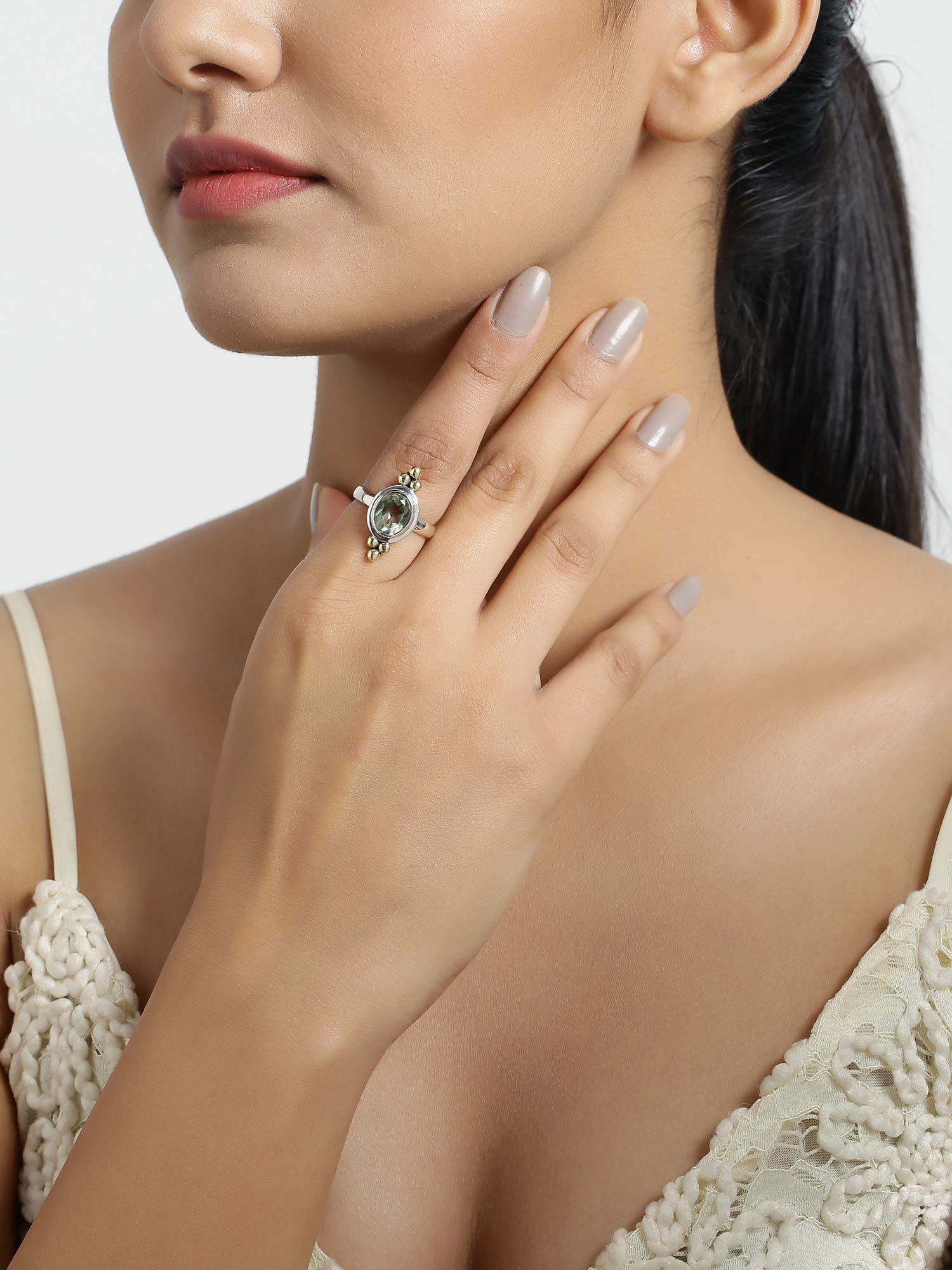 YoTreasure Green Amethyst Ring Solid 925 Sterling Silver Brass Accents Jewelry