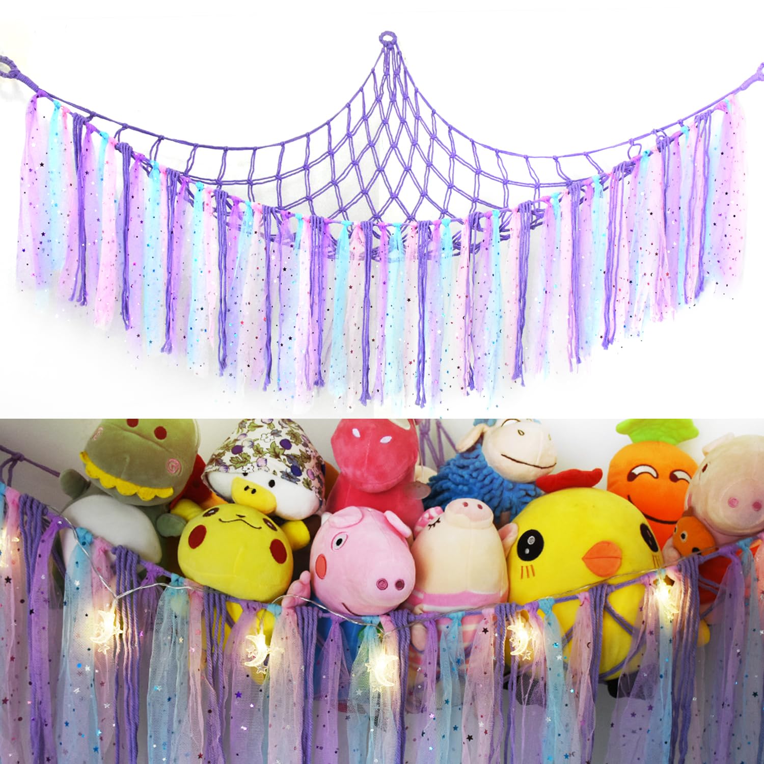 Stuffed Animals Net or Hammock with LED Light, 59 inch Mesh Toy Hammock Net for Stuffed Animals Holder Corner Organizer, Hanging Toy Net Pet Storage with Tassel & Hooks for Nursery Kids Bedroom