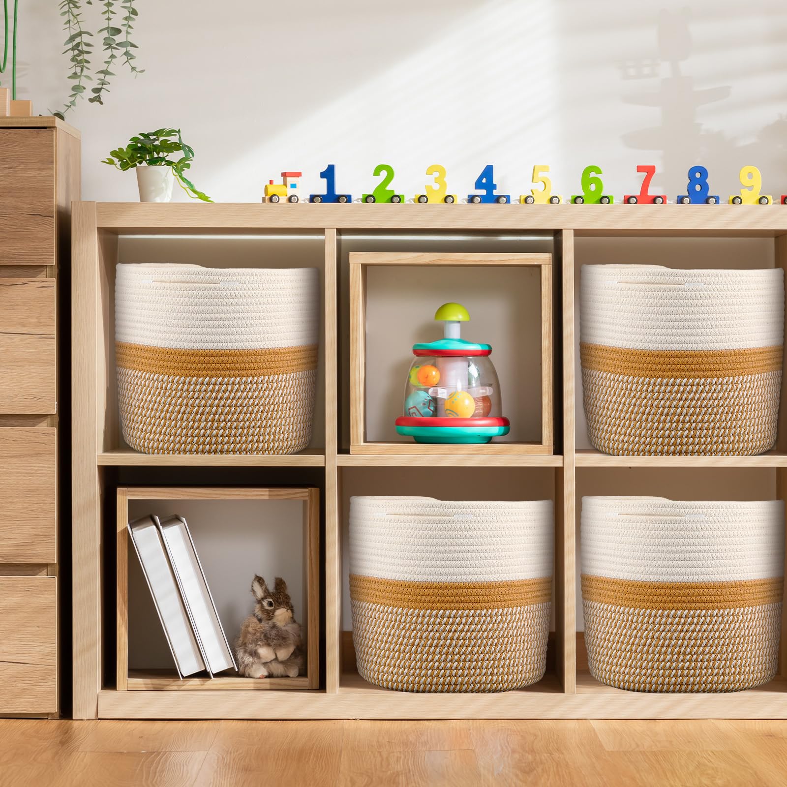 Thyle 9 Pcs Woven Cotton Rope Basket Bulk Storage Cubes Baskets Bins with Handles 10.2 x 10.2 x 10.2'' Round Organizer Bins Cute Toy Basket for Cube Storage Organizer Shelves Clothes Towels