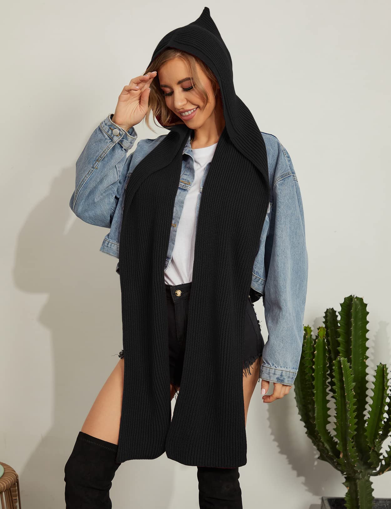 Women Winter Knitted Hooded Long Scarf Warm Shawl Head Scarves Black One Size