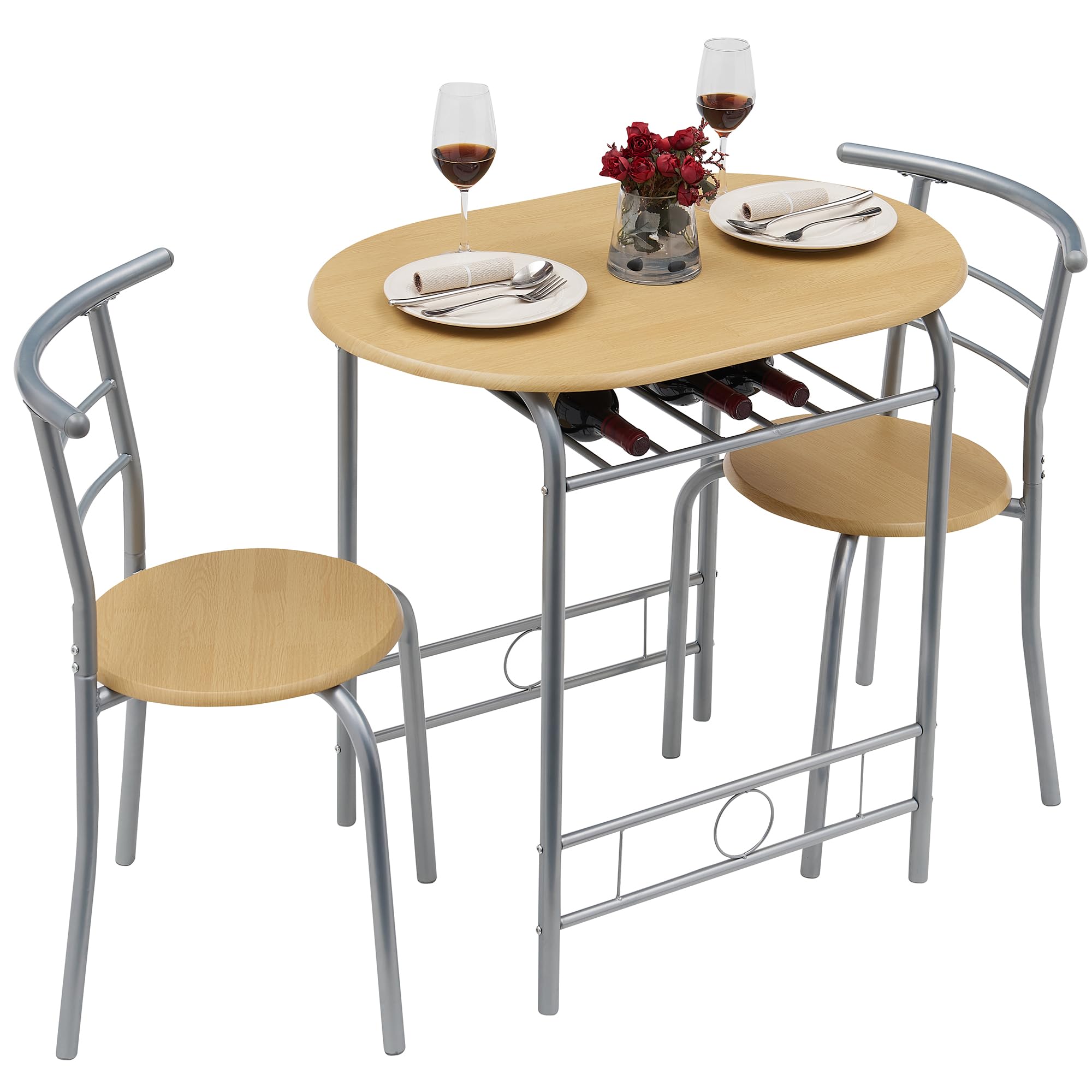VECELO 3 Piece Wood Round Table & Chair Set for Dining Room Kitchen Bar Breakfast, with Wine Storage Rack, Space Saving, 31.5", Natural and Silver