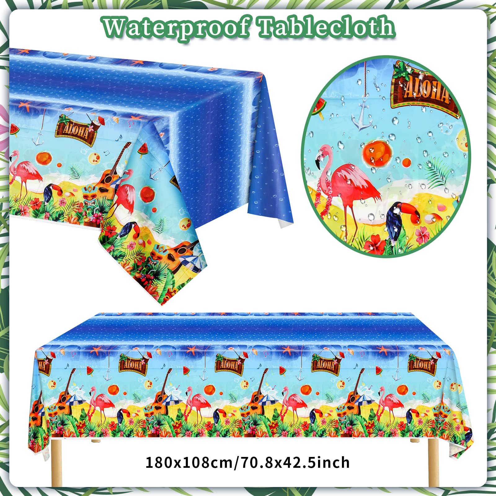 SelfTek Hawaiian Tropical Luau Party Decorations Supplies, 133 Pcs Aloha Birthday Disposable Dinnerware Set (16 Guests) With Tablecloth, Plates Cups Napkins Fork Knives Spoon for Beach Party