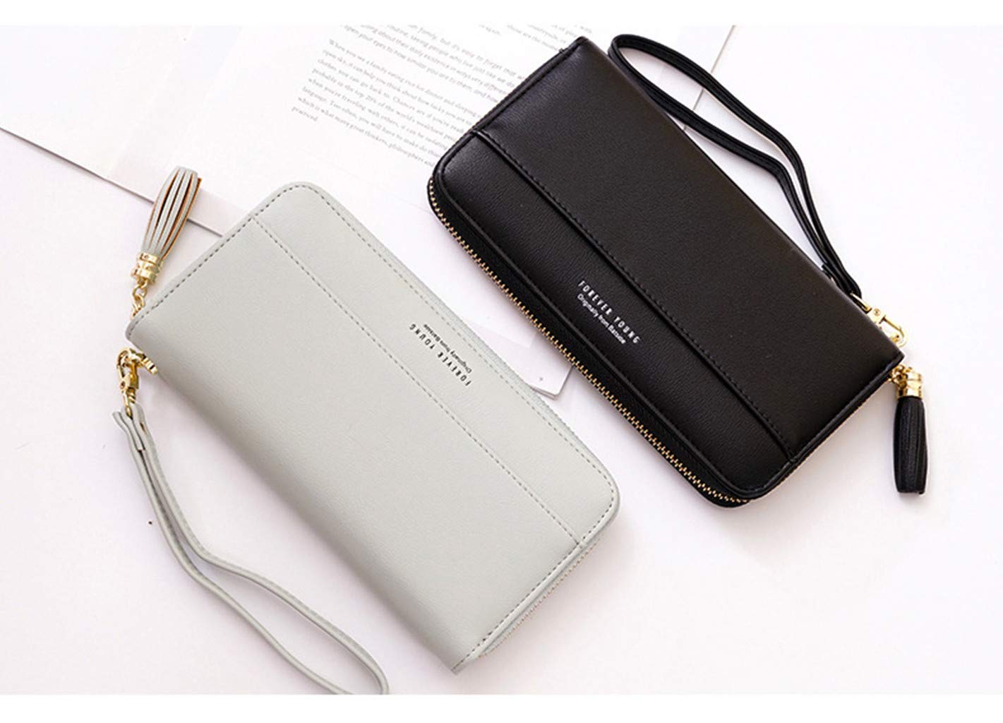 Women's Wallets Tassel zipper Bifold Ladies Cluth Wristlet Wrist Strap Large Capacity Hand-held Long Purse (Green)