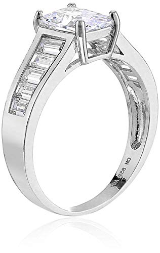 Sterling Silver 6x8mm Emerald Cut Cubic Zirconia Engagement Ring With Graduated Baguette Band