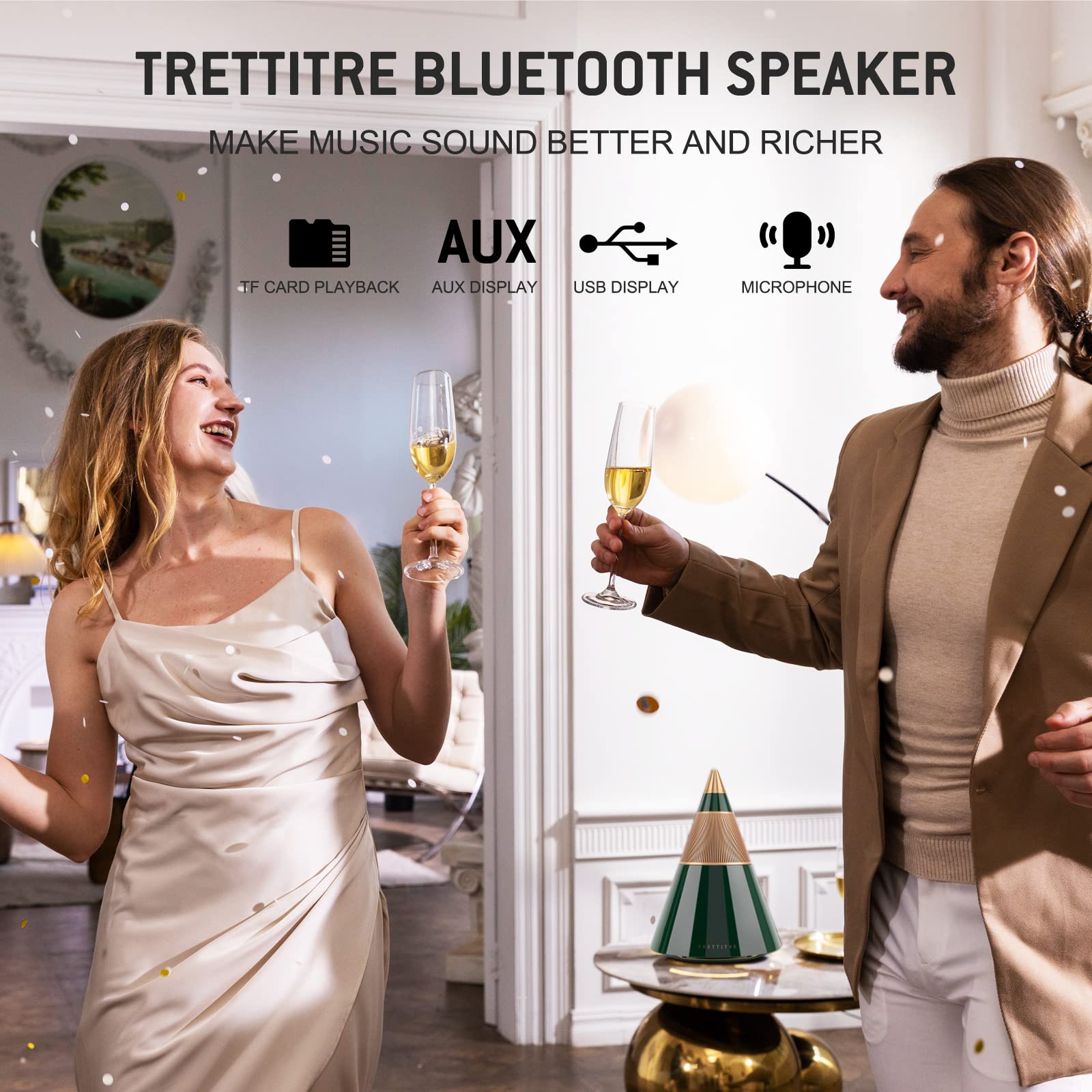 trettitre TreSound1 Bluetooth HiFi Speaker, Room Speaker Home Party Speaker with Deep Bass, Piano Paint, Atmosphere Lighting (Green)