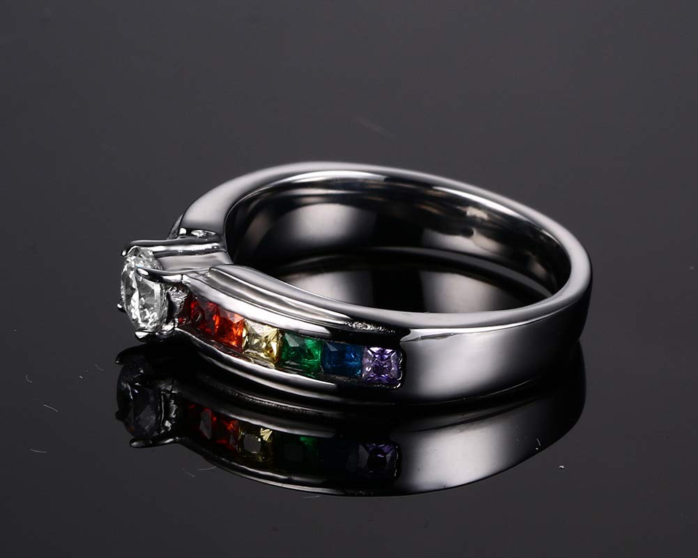 VNOX Stainless Steel Gay Pride Rainbow CZ Relationship Engagement Promise Rings Weeding Band for Lesbian,Size 8