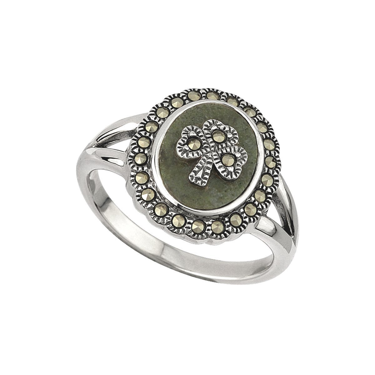 Solvar Shamrock Ring Connemara Marble & Marcasite Sz 8