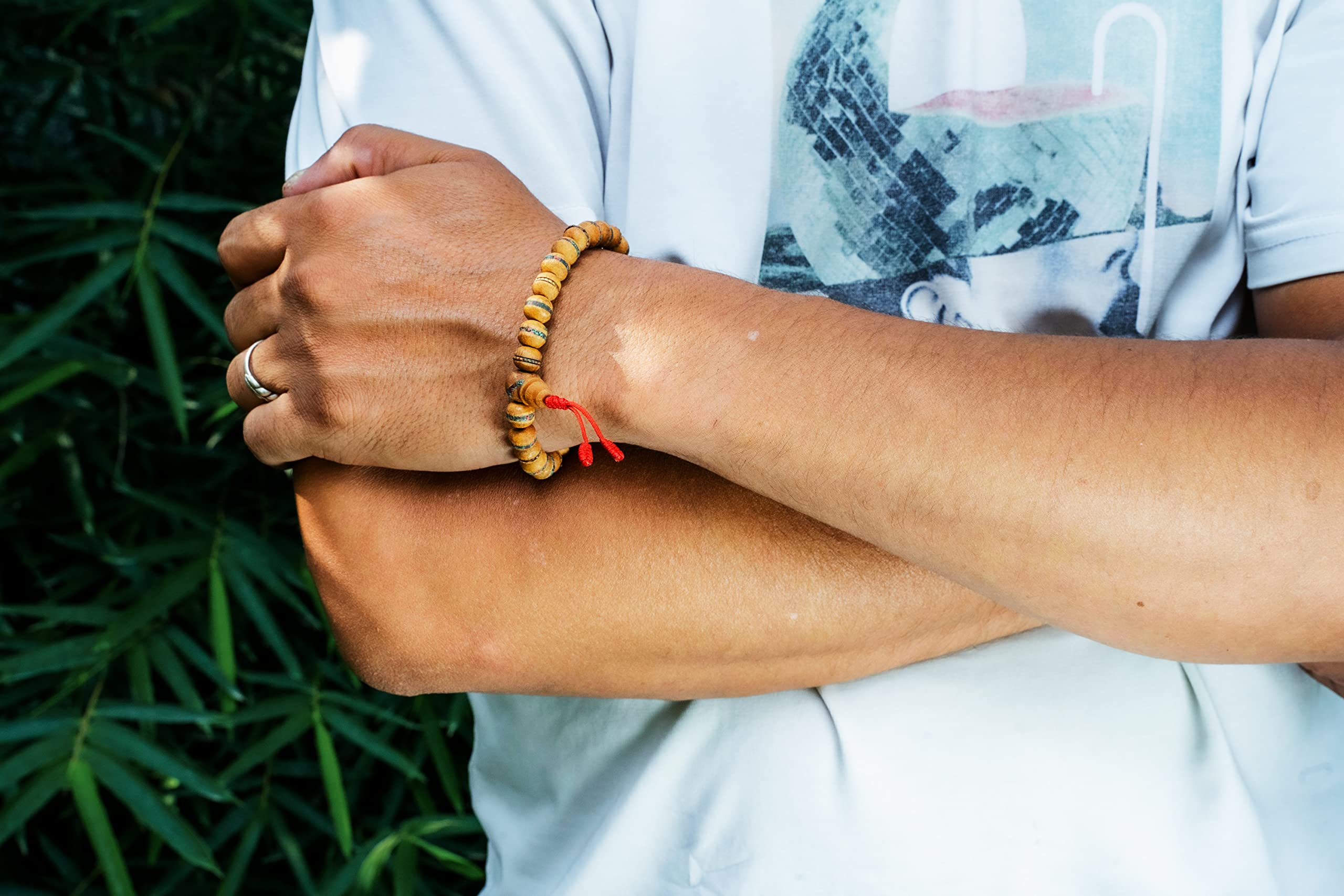 Tibetan Mala Embedded Medicine Wrist Mala for Meditation Handmade Draw String Silk Pouch Each wood bead is embedded with turquoise, coral, (Wood Guru bead)