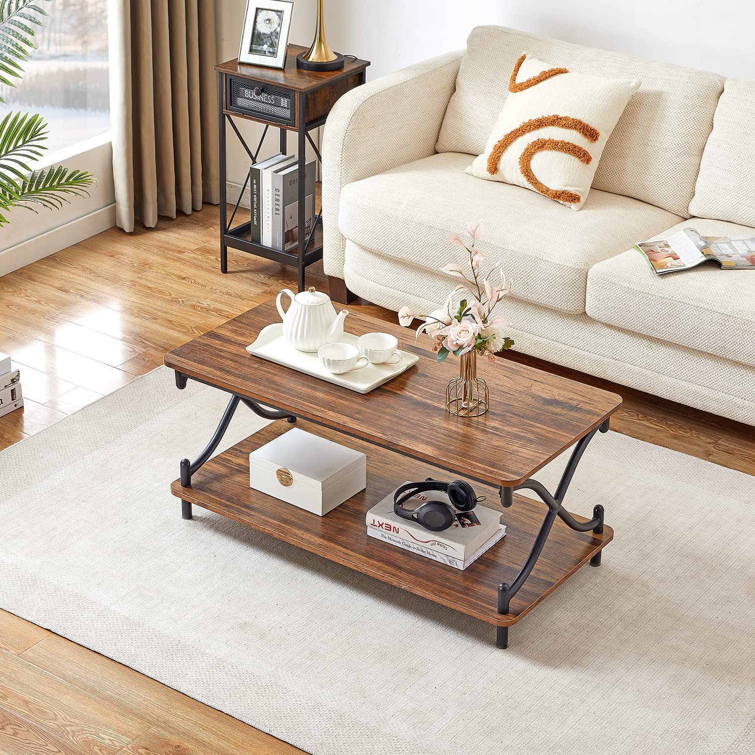 VECELO Coffee Table with Storage and Open Shelves for Living Dining Room 39-Inch, Modern Rectangle & Industrial Design, X-Shape Frame, Brown