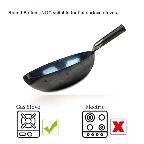 臻三环 ZhenSanHuan Chinese Hand Hammered Iron Woks and Stir Fry Pans, Non-stick, No Coating, Carbon Steel Pow (36CM, BlueBlack Seasoned with help handle)