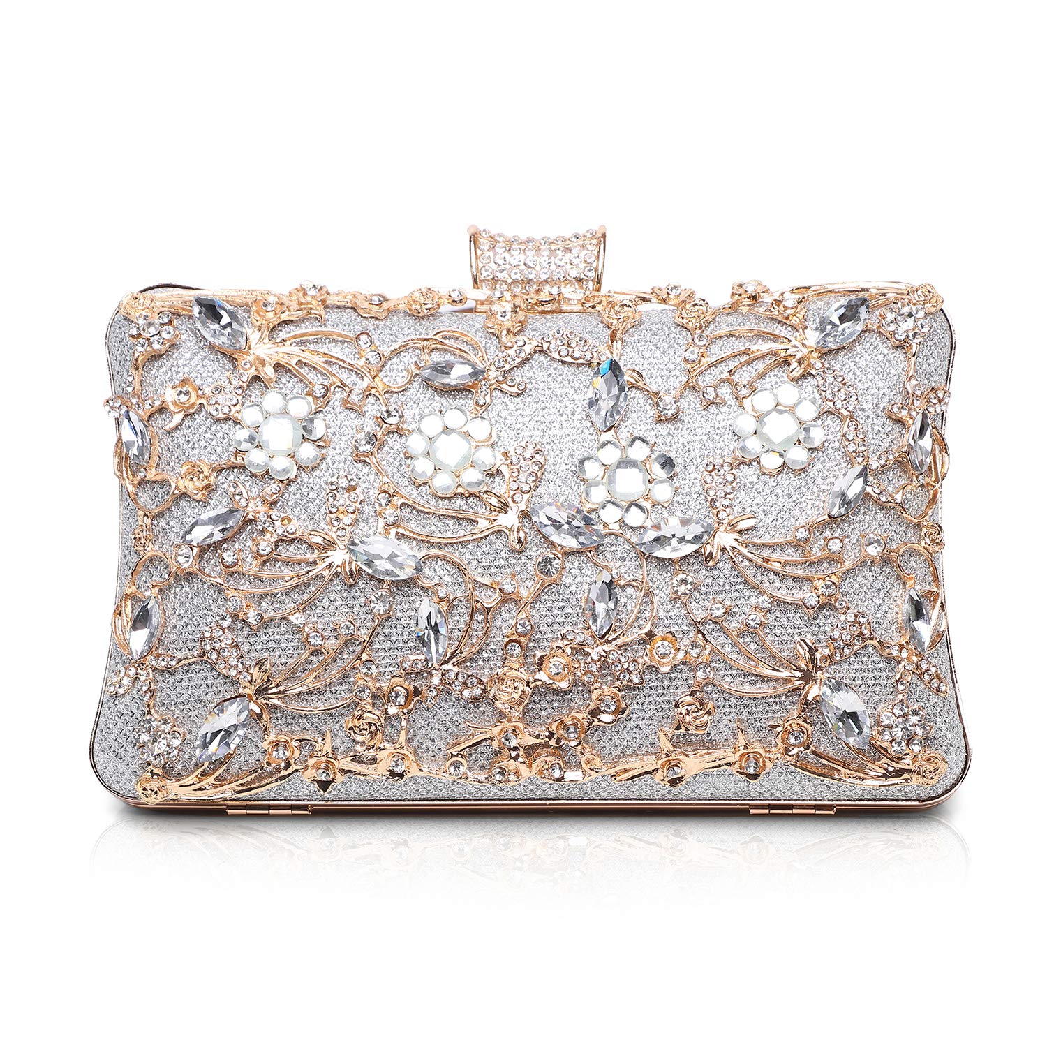 Womens Beaded Clutch Rhinestone Evening Bag Wedding Bridal Prom Purse,Silver-1.