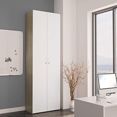vidaXL Office Cabinet/Storage Cabinet with 5 Shelves Utility Storage Cabinet with 2 Doors for Home Office, White and Sonoma Oak 23.6"x12.6"x74.8" Chipboard