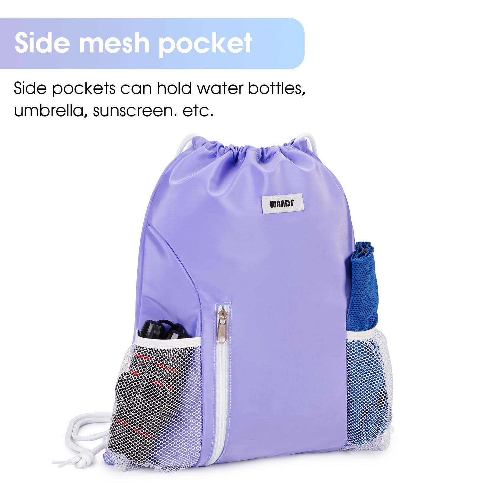 WANDF Drawstring Backpack Sports Gym Sackpack with Mesh Pockets Water Resistant String Bag for Women Men (Purple)