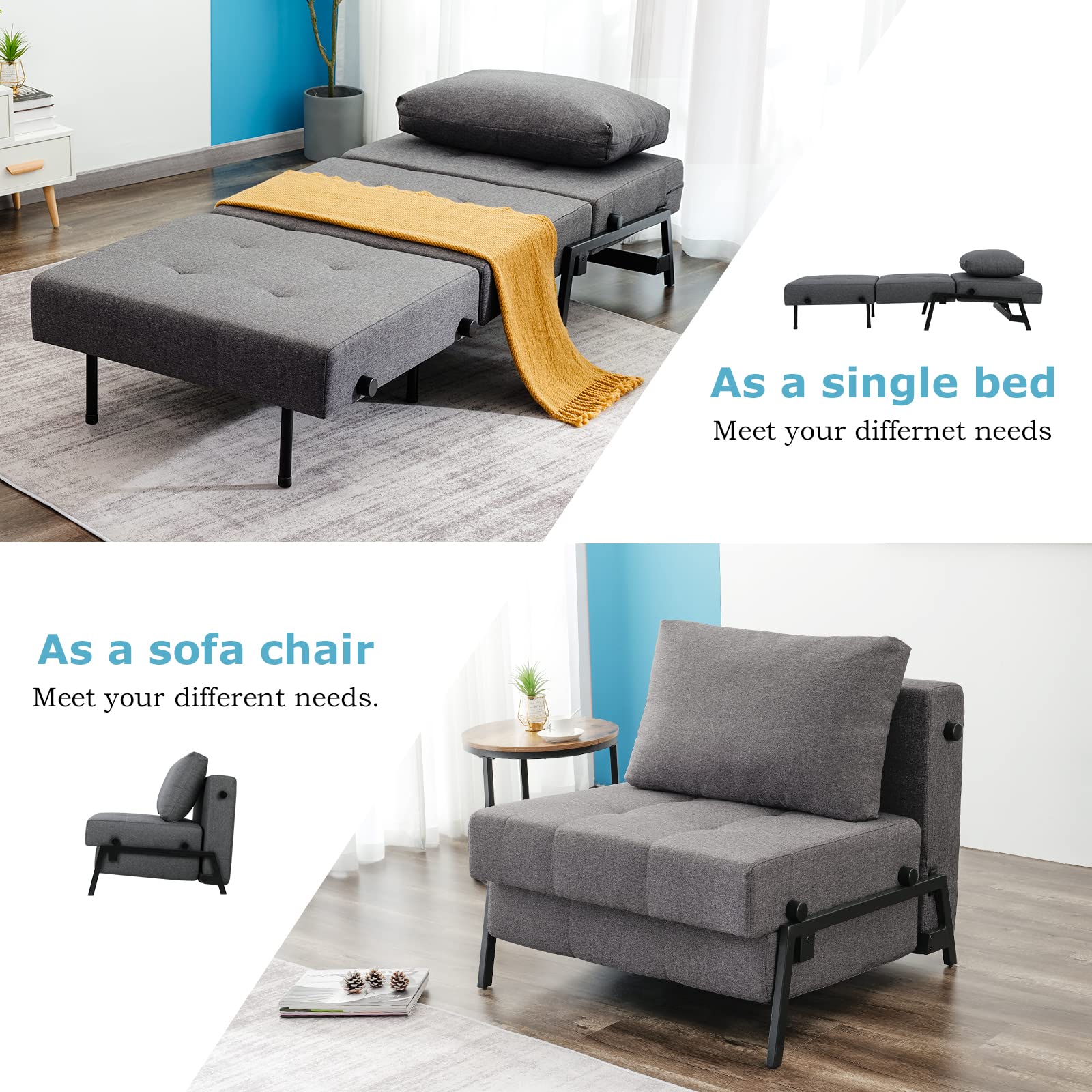 Vonanda Sofa Bed, Convertible Chair Bed Multi-Function Sleeper Chair Modern Breathable Linen Folding Sofa Sleeper with Hidden Legs for Small Room Apartment, Dark Gray