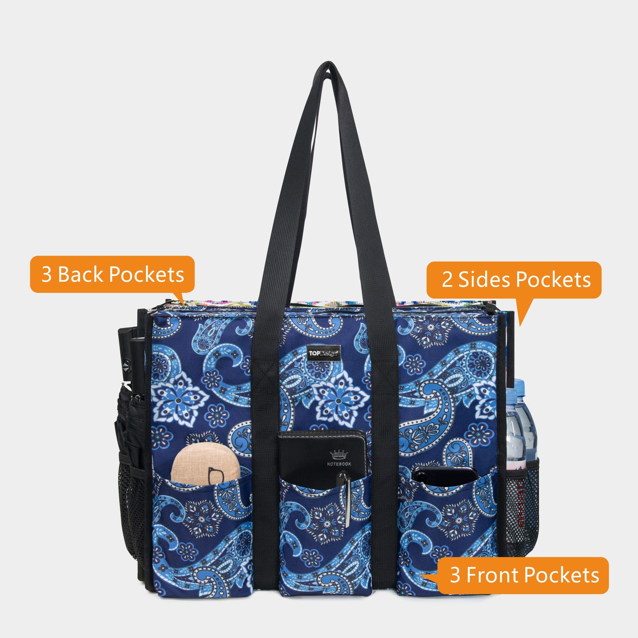 TOPDesign Utility Water Resistant Tote Bag with 13 Exterior & Interior Pockets, Top Zipper Closure & Thick Bottom Support (Blue Bandanna)
