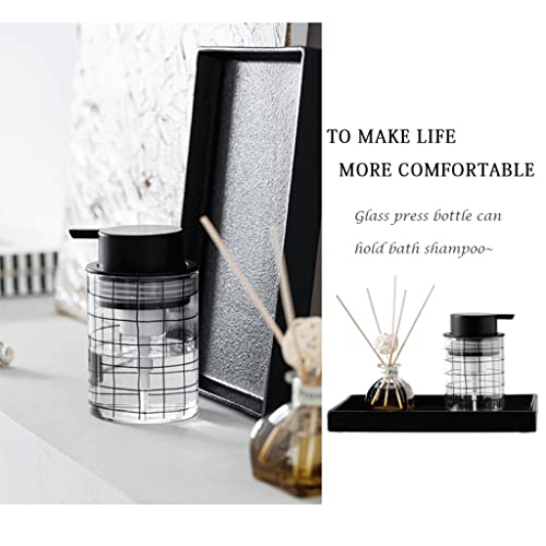 XOUVY Cute Foaming Soap Dispenser-Tray Set,Advanced Black Plaid Glass Hand Lotion Dispenser,Modern Pump Bottle for Bathroom Kitchen Home Decor ()